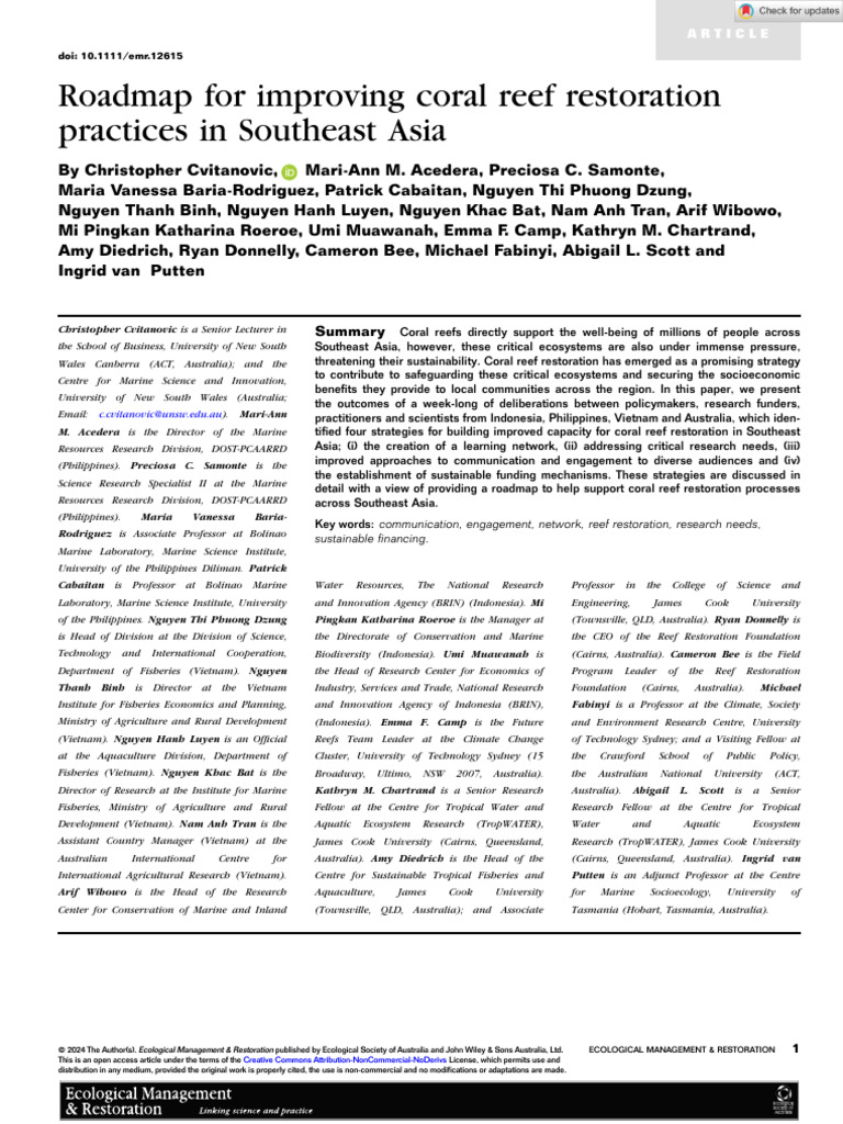 Eco Management Restoration - 2024 - Cvitanovic - Roadmap For Improving Coral Reef Restoration ...
