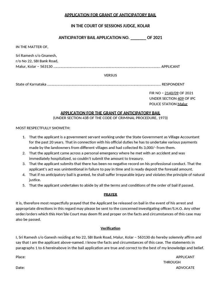 Anticipatory Bail Application Kolar 2021 | PDF | Bail | Criminal ...
