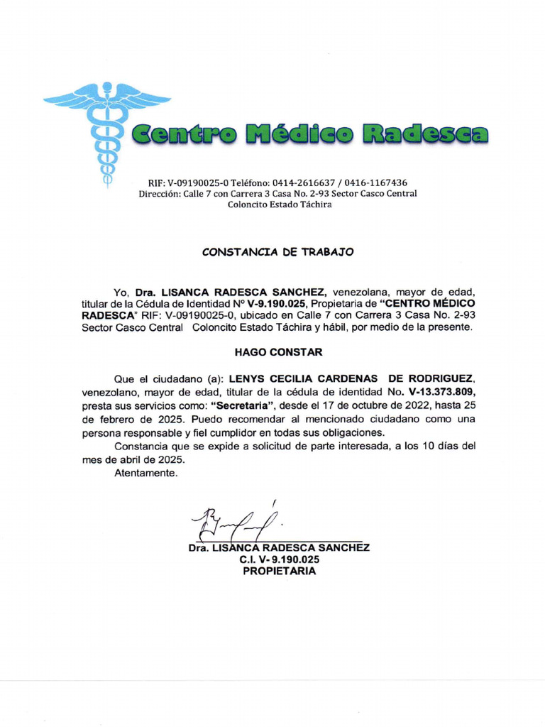 CONSTANCIA DE TRABAJO LENYS CARDENAS | PDF