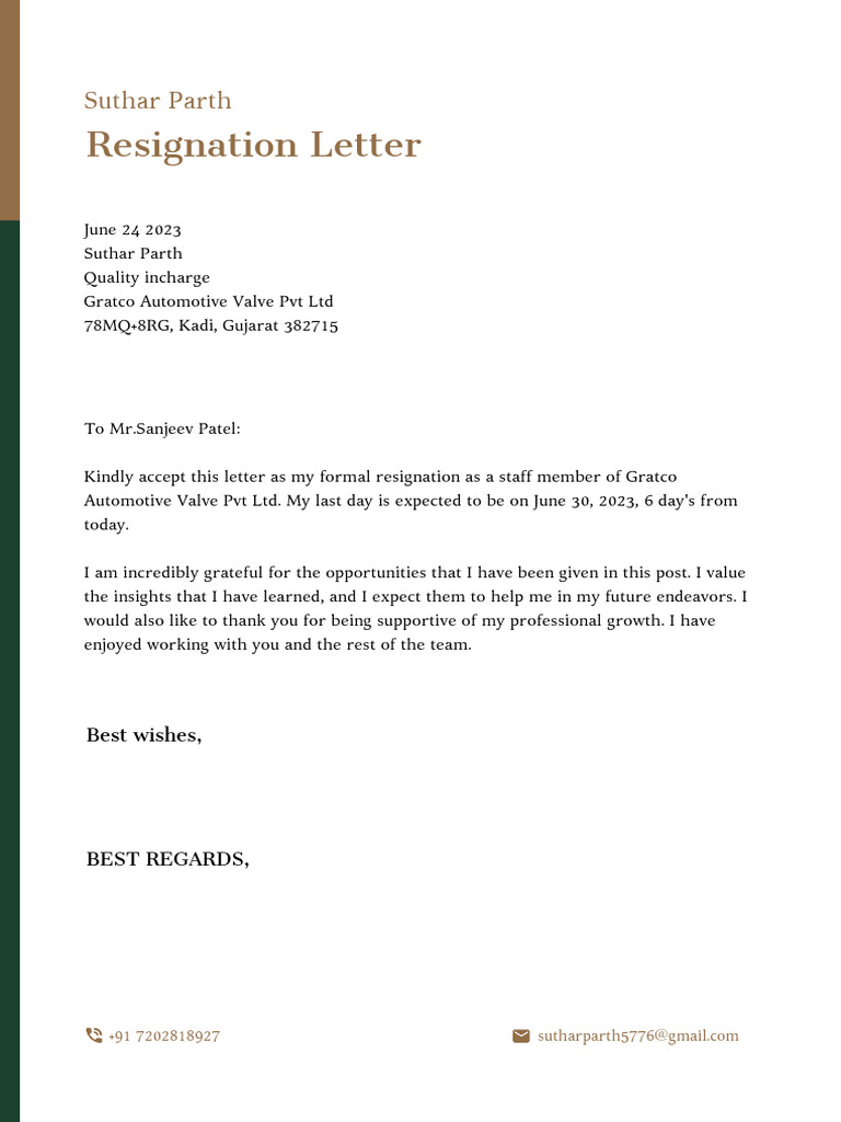 Dark Green Brown Sophisticated Traditional Sample Resignation Letter | PDF