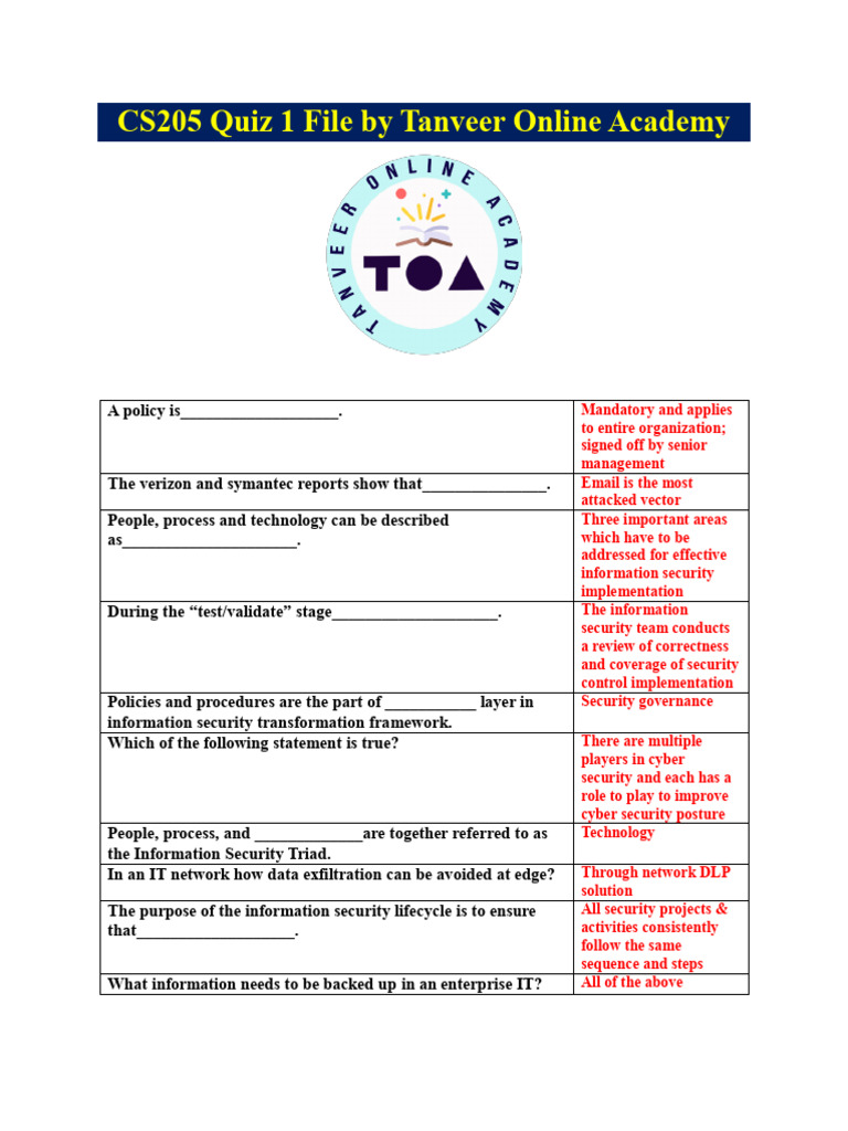 CS205 Quiz 1 File by Tanveer Online Academy | PDF | Computer Security | Security
