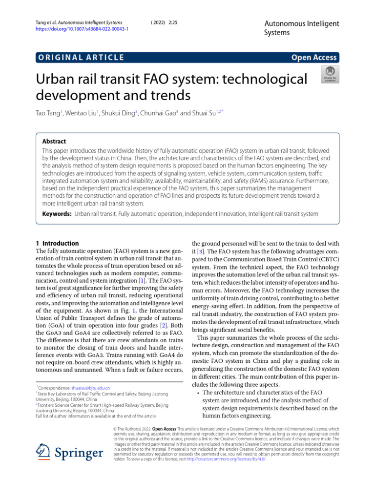 Urban Rail Transit FAO System Technological Develo | PDF | Train | Automation
