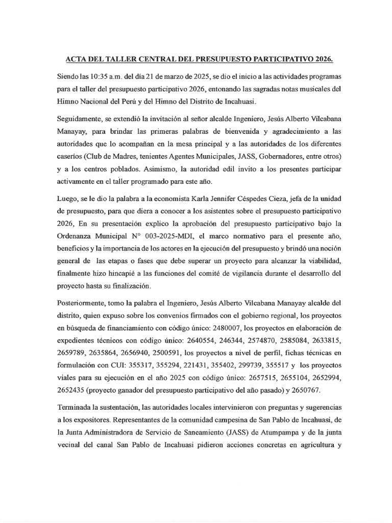 Acta Del Presupuesto Participativo 2026 | PDF