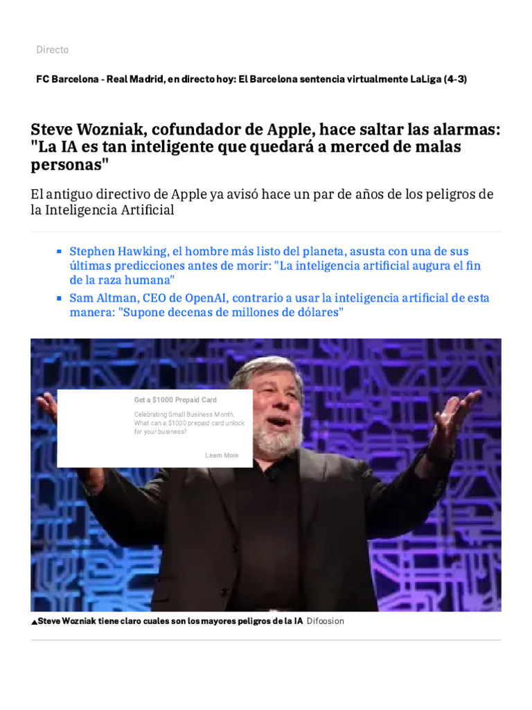 Steve Wozniak, Cofundador de Apple, Hace Saltar Las Alarmas - La IA Es ...