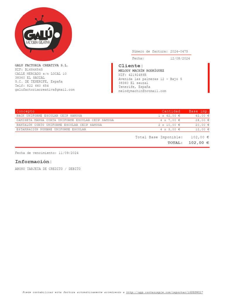 Factura 2024-0475: Uniformes Escolares | PDF