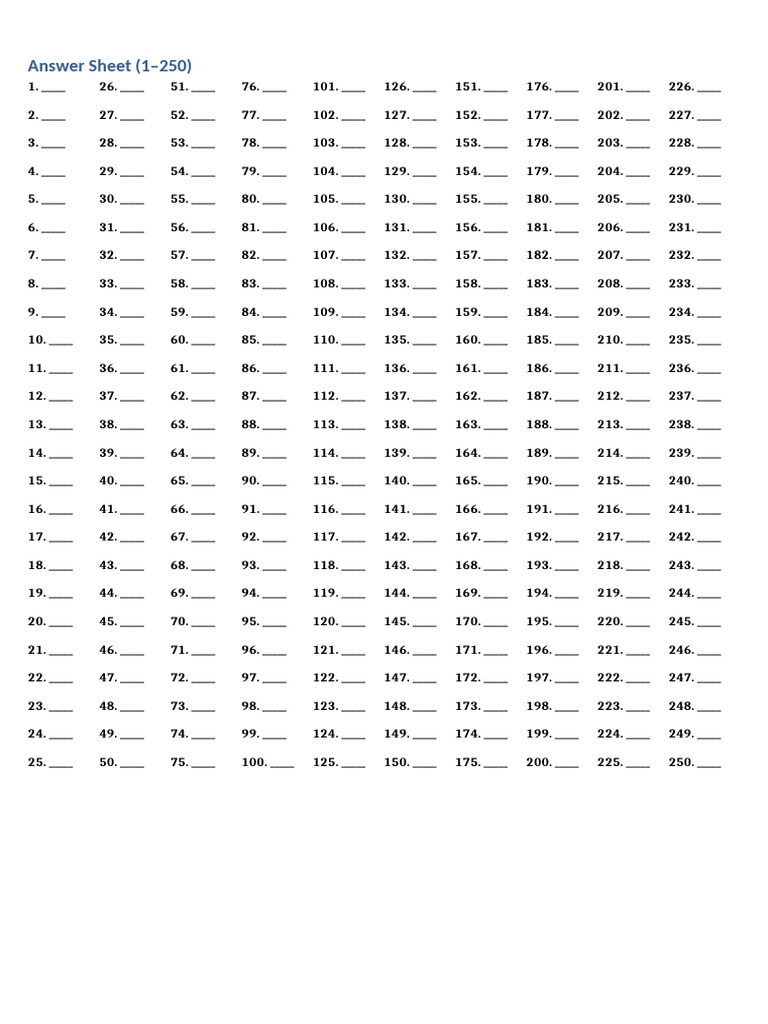 Answer Sheet 1-250 PDF Download | PDF
