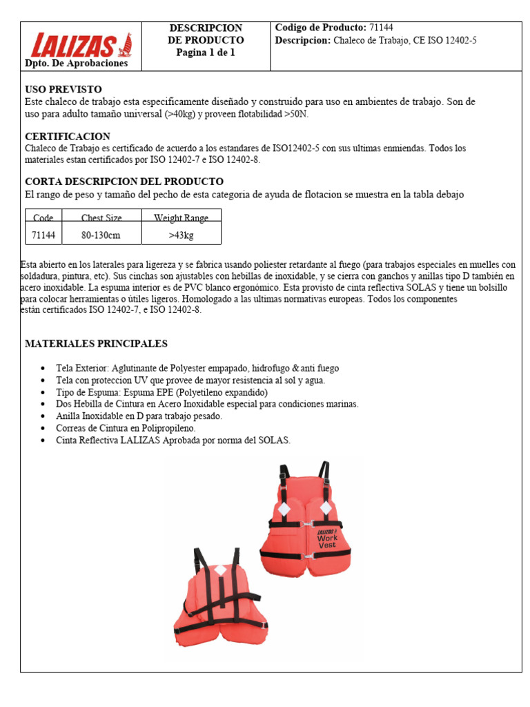 Ficha Tecnica Español Chaleco de Trabajo | PDF