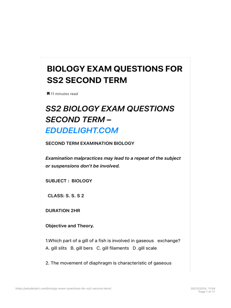 SS2 Biology Second Term Exam Questions | PDF | Atrium (Heart ...