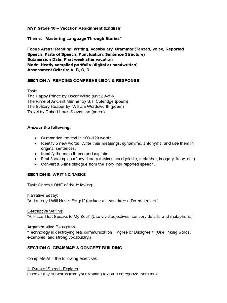 Grade 10 English Vacation Assignment | PDF | Part Of Speech | Word