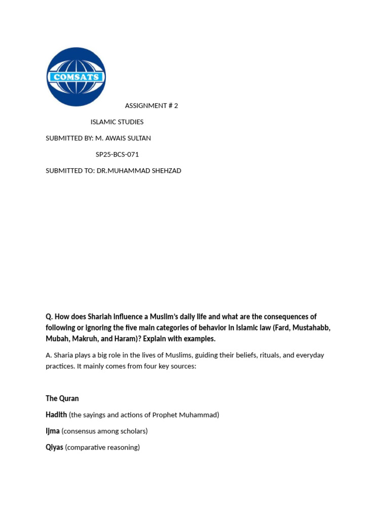 Muhammad Awais Sultan Assignment # 2 ISL | PDF | Sharia | Islamic Fundamentalism