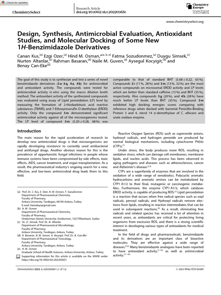 ChemistrySelect - 2023 - Kus - Design Synthesis Antimicrobial Evaluation Antioxidant Studies and ...