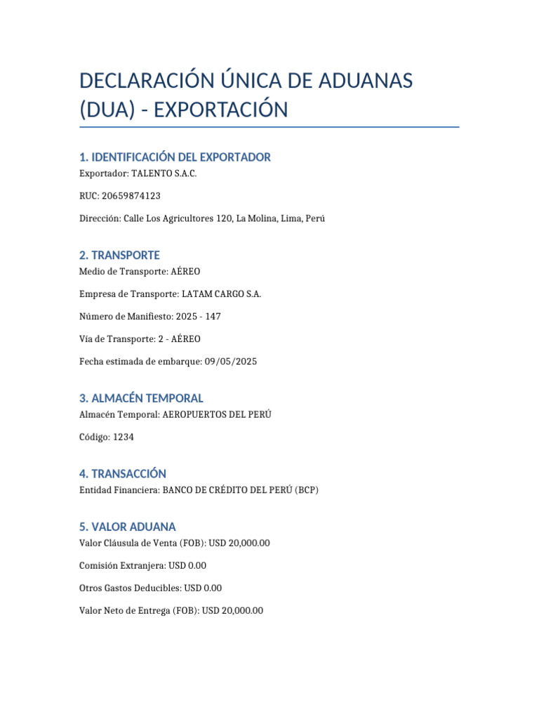 Dua Exportacion Talento Sac | PDF