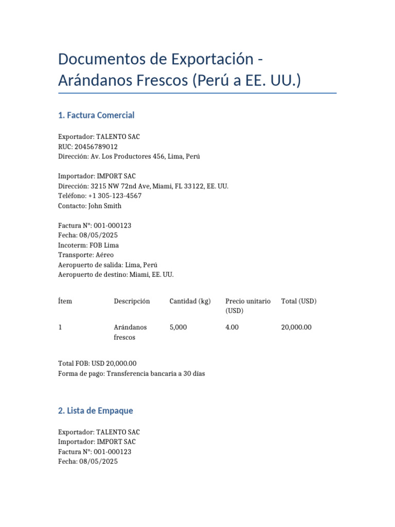Documentos Exportacion Arandanos TALENTO SAC | PDF