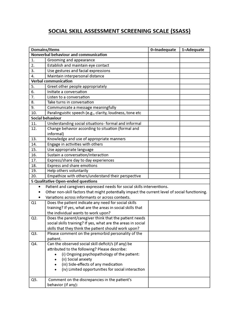 Social Skill Assessment Screening Scale | PDF | Social Skills | Psychiatry