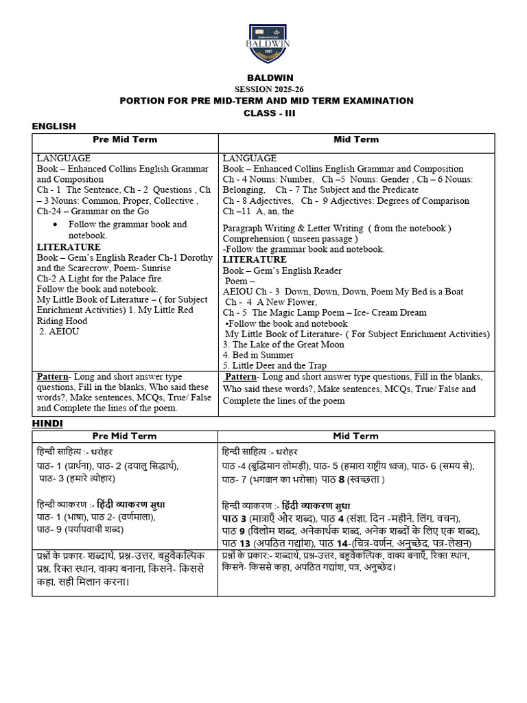 CLASS 3 - COMPILED PORTION - PRe MID TERM & MID New - Ee | PDF | Mathematics | English Language