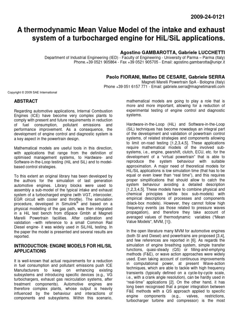 A Thermodynamic Mean Value Model of the Intake and Exhaust System of a Turbocharged Engine for ...