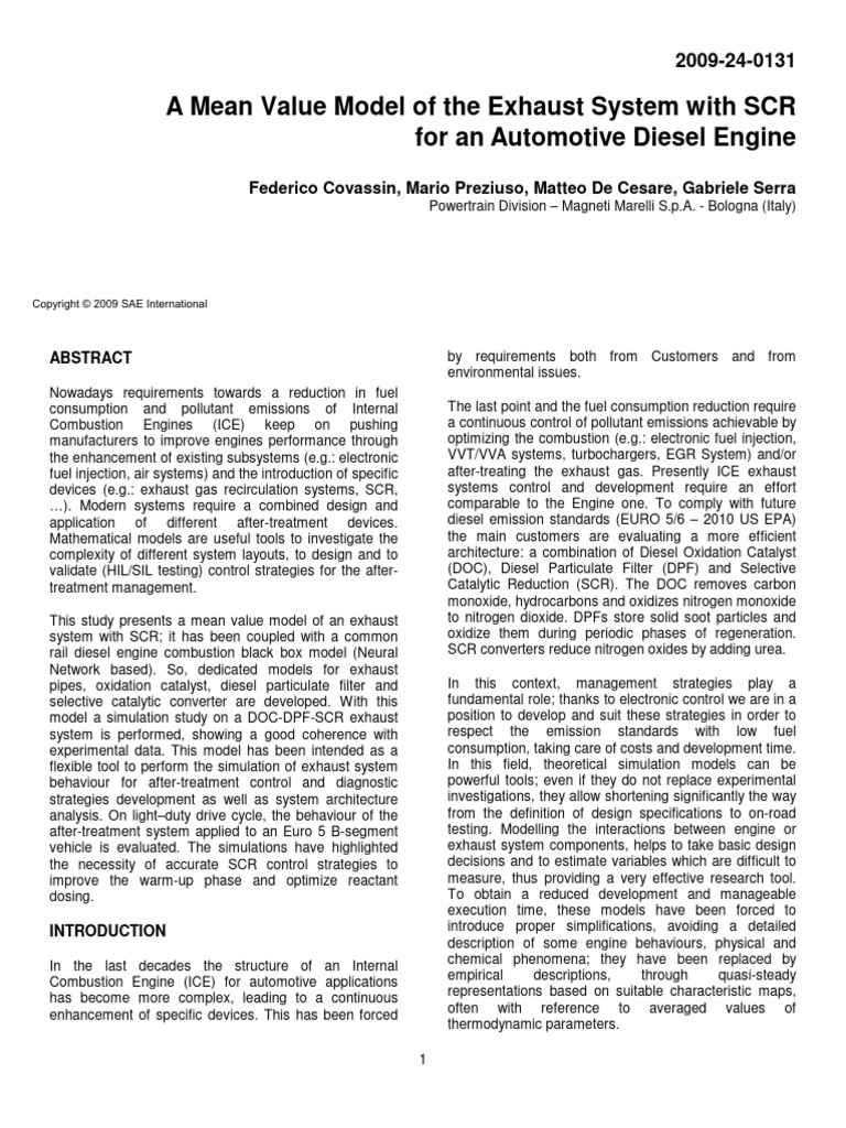 A Mean Value Model of The Exhaust System With SCR For An Automotive Diesel Engine | PDF ...