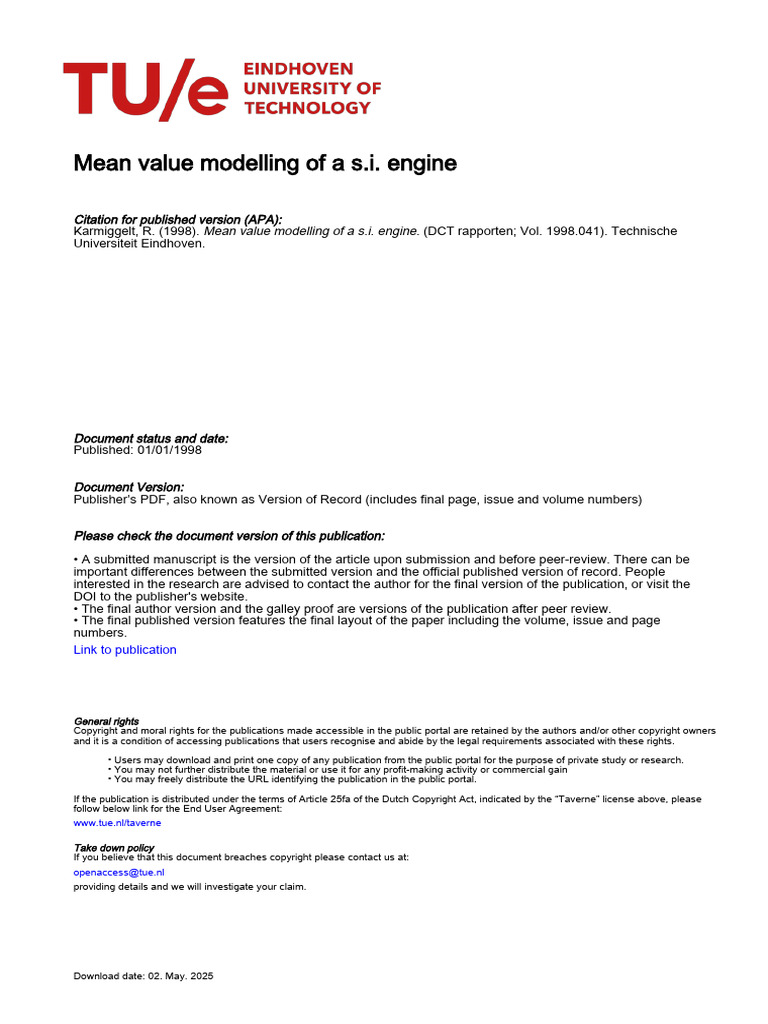Mean Value Modelling of A S.I. Engine | PDF | Throttle | Engines