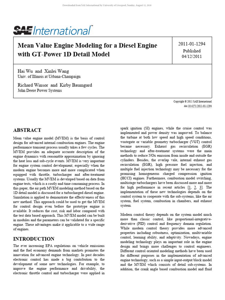 Mean Value Engine Modeling For A Diesel Engine With GT-Power 1D Detail Model | PDF | Engines ...