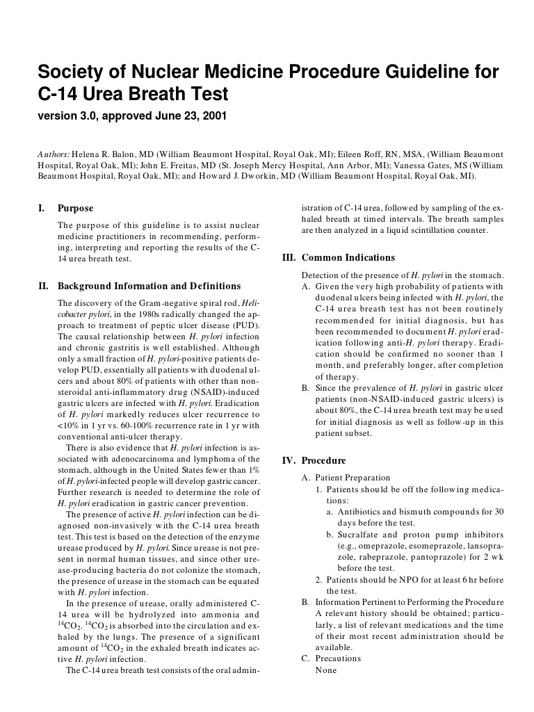 C-14 Urea Breath Test Guidelines | PDF | Radiocarbon Dating ...