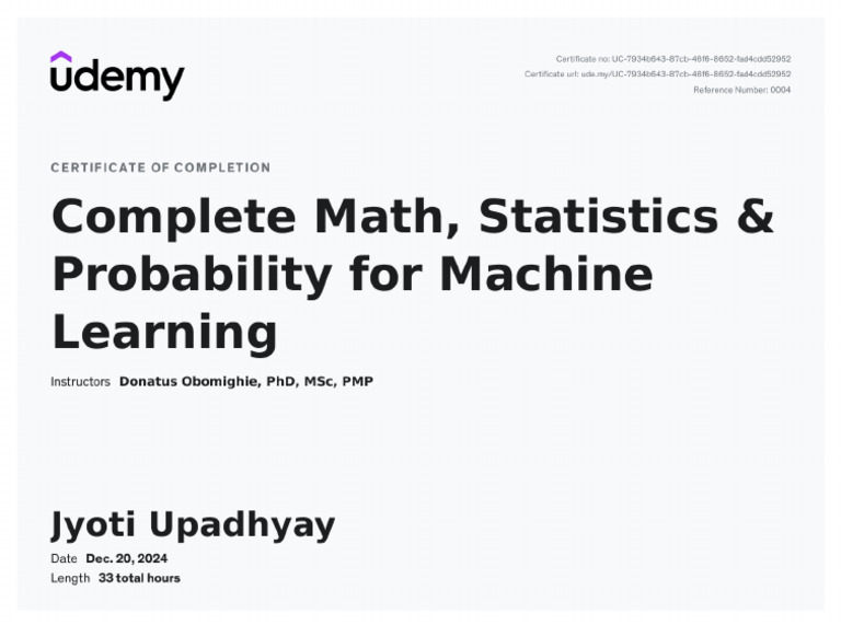 Mathematics for Machine Learning - Udemy Certificate | PDF