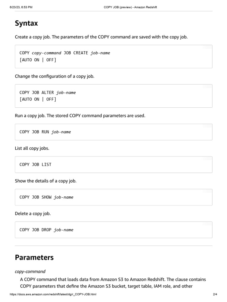 COPY JOB (Preview) - Amazon Redshift | PDF