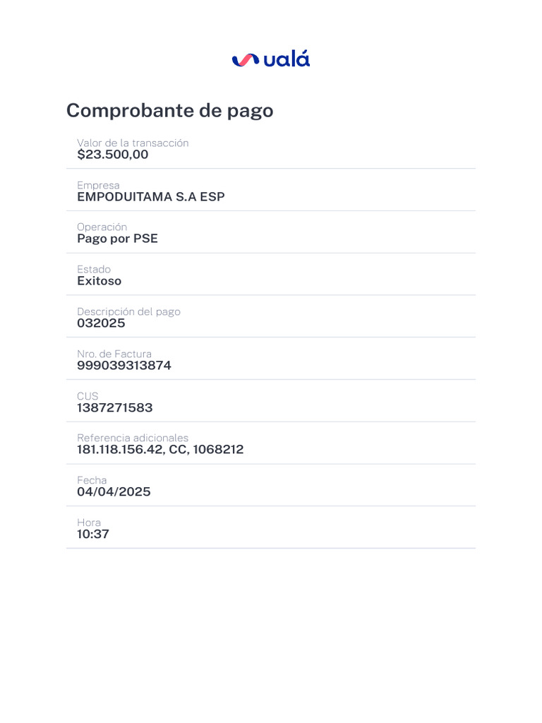 Comprobante Pago PSE - Ualá | PDF