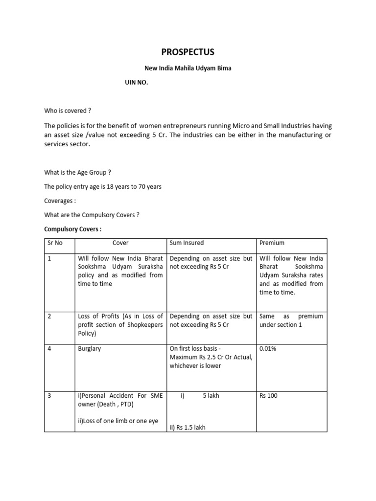 Prospectus - New India Mahila Udyam Bima | PDF | Insurance | Liability ...
