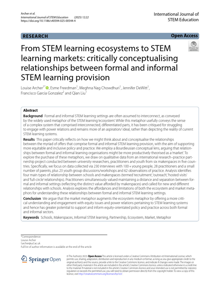 From STEM Learning Ecosystems To STEM Learning Markets: Critically Conceptualising Relationships ...