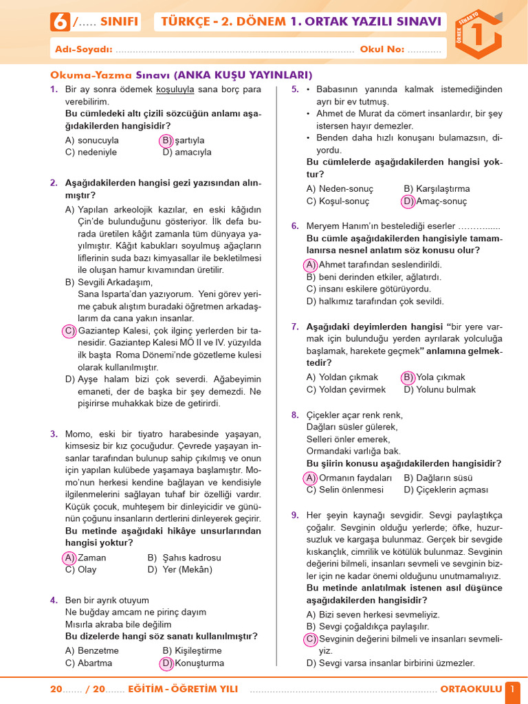 6 Turkce Ornek Yazili - 2 - 1 (01-10) 24 MART CEVAP | PDF
