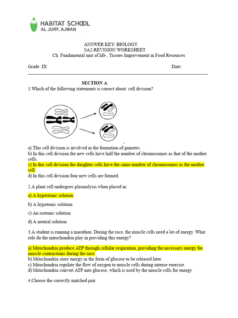Answer Key Bio-G9 Sa2 Revision Worksheet | PDF | Epithelium | Muscle