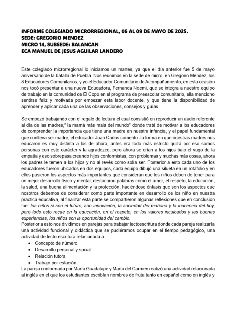 Informe Micro Mayo | PDF | Educación de la primera infancia | Aprendizaje