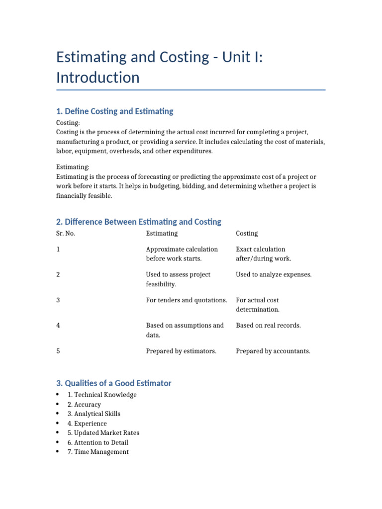 Estimating_and_Costing_Unit_I_Complete | PDF | Depreciation | Cost