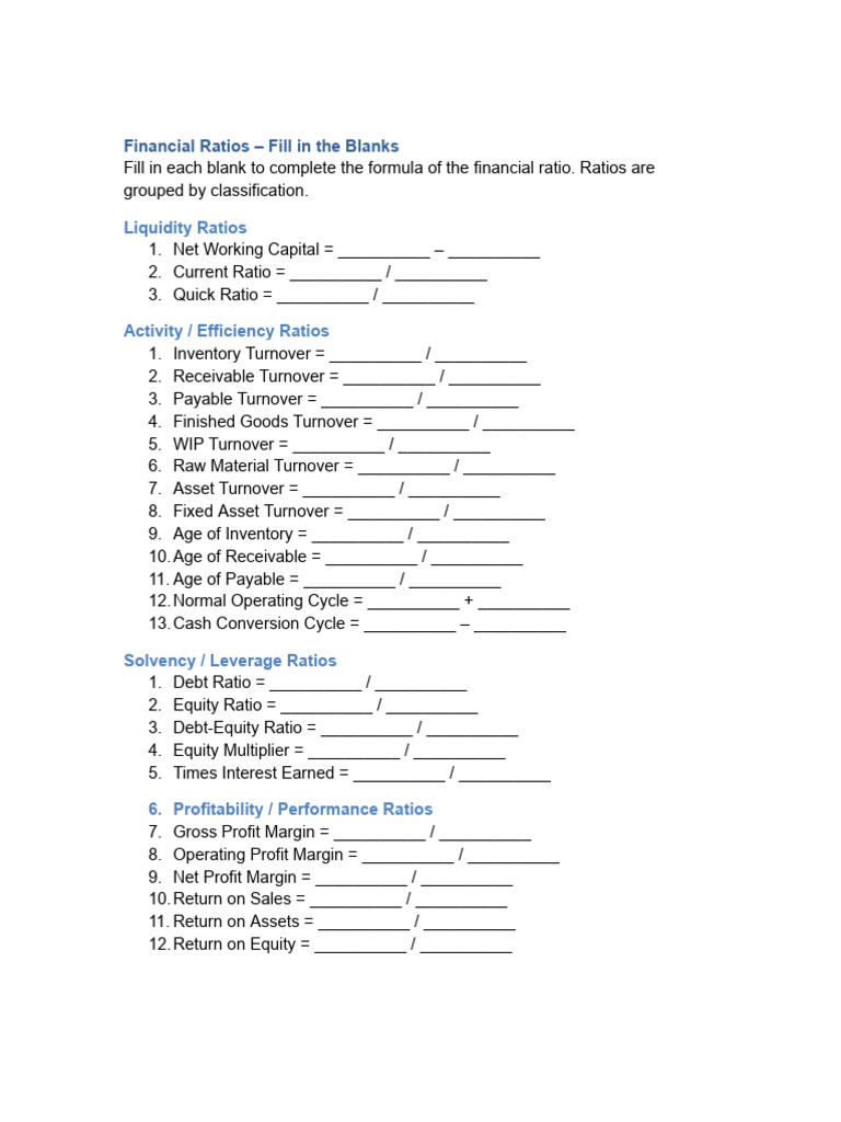 Financial Ratios Fill in The Blanks With Answery Key | PDF | Dividend | Equity (Finance)