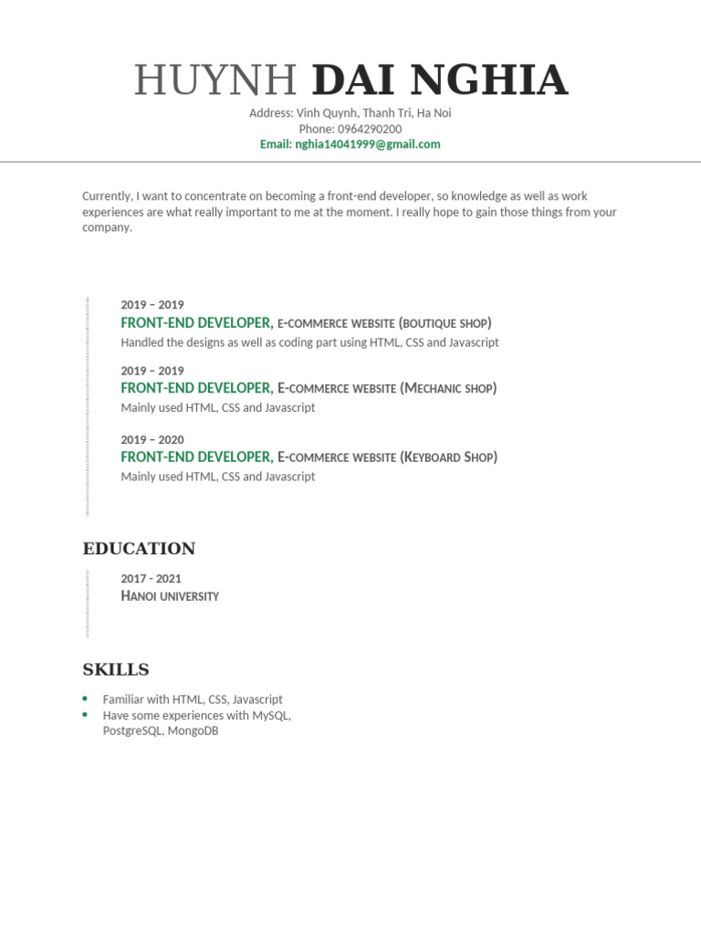 Huynh Dai Nghia: Front-End Developer Profile | PDF