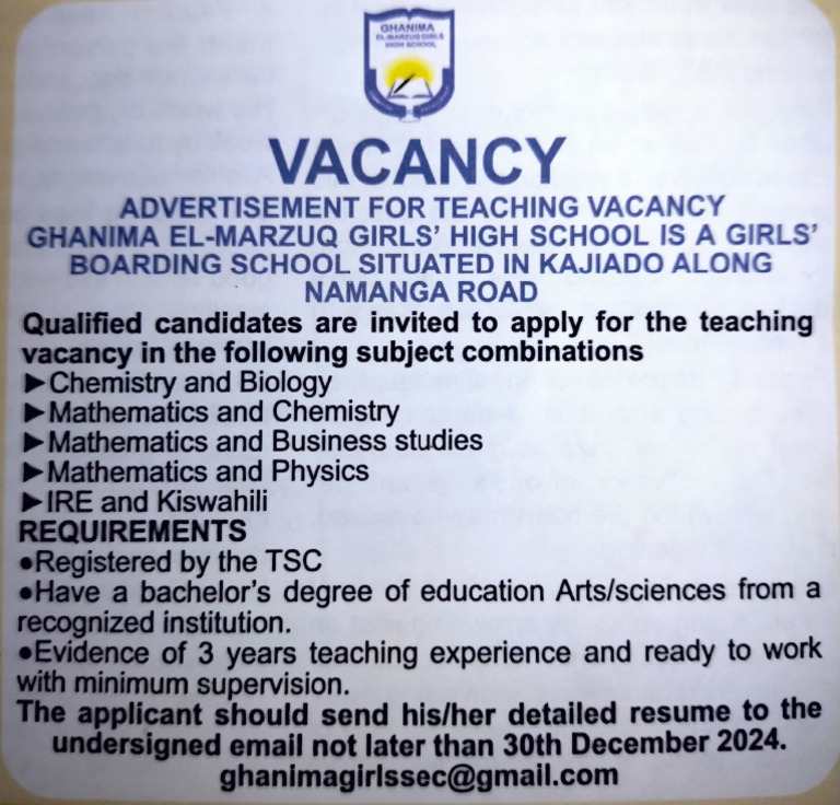 Ghanima Girls Secondary Job Advert | PDF