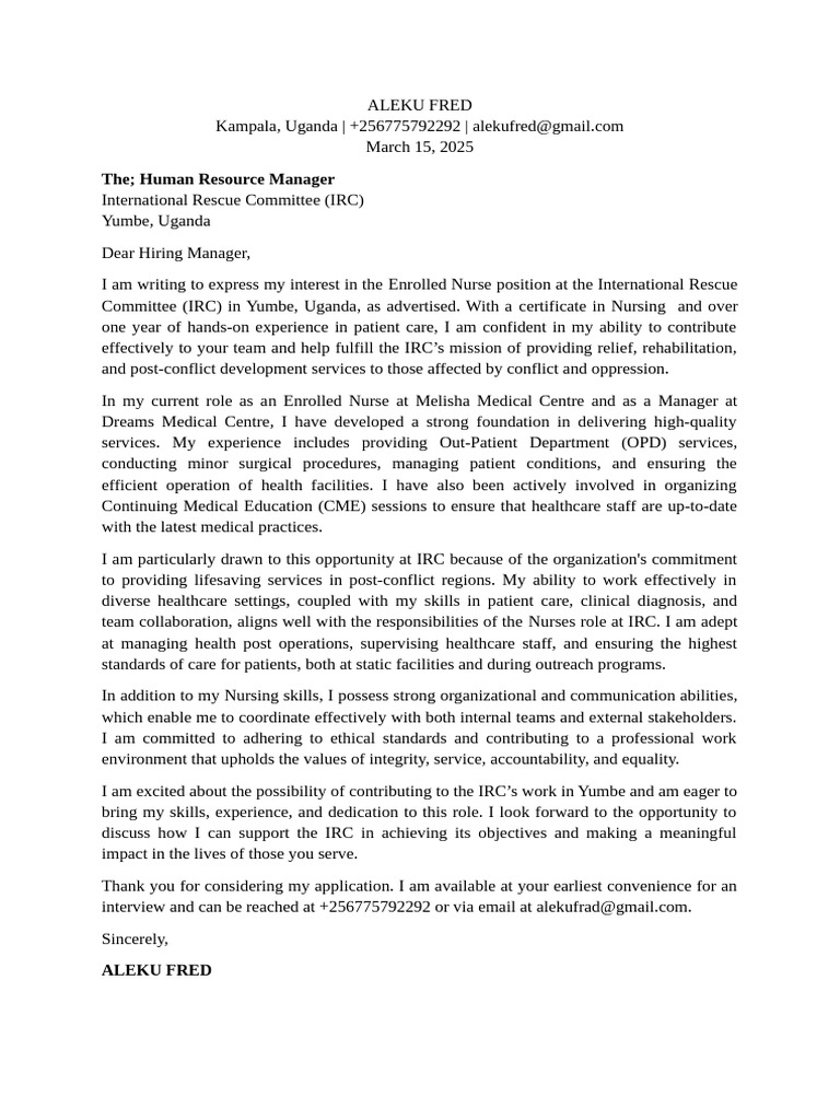 ALEKU FRED-Cover Letter Plus CV | PDF | Health Care | Nursing