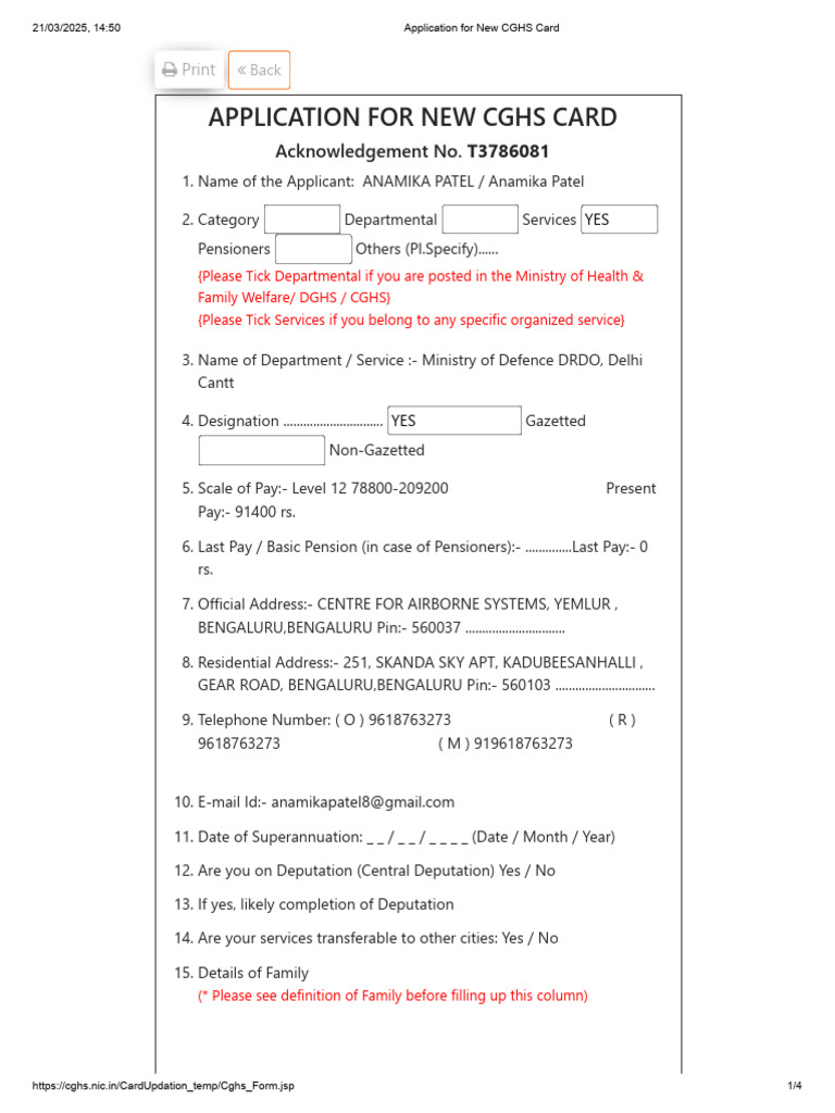 Application For New CGHS Card2 | PDF | Identity Document
