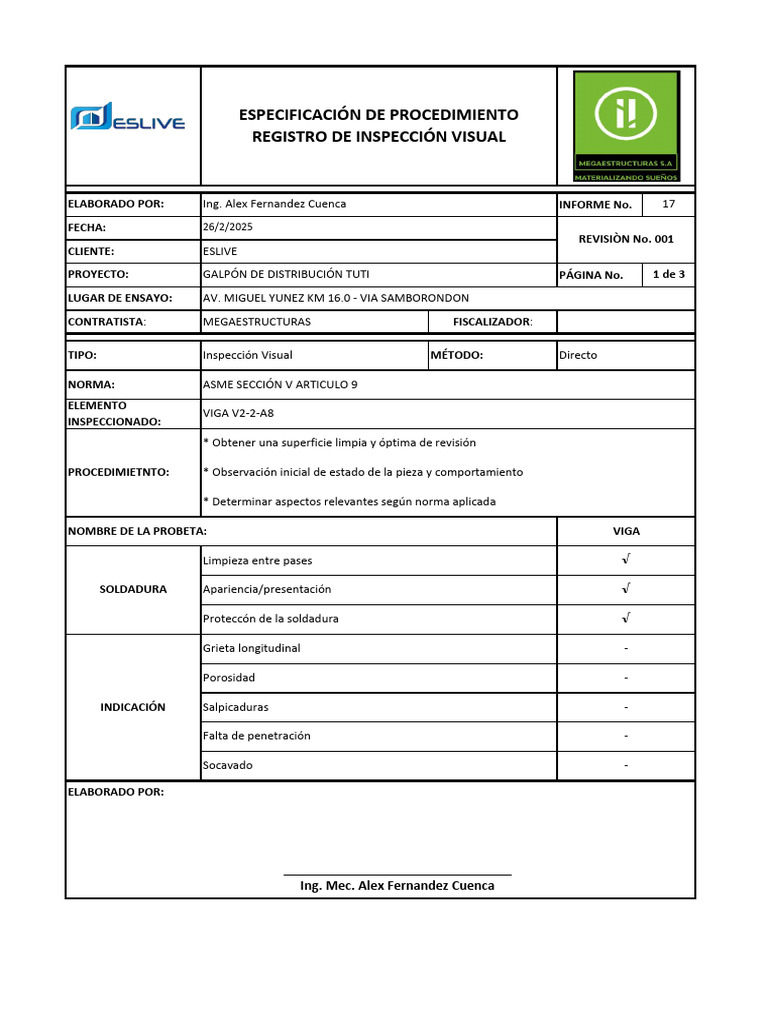 Especificación de Procedimiento Registro de Inspección Visual | PDF | Ingeniería mecánica ...