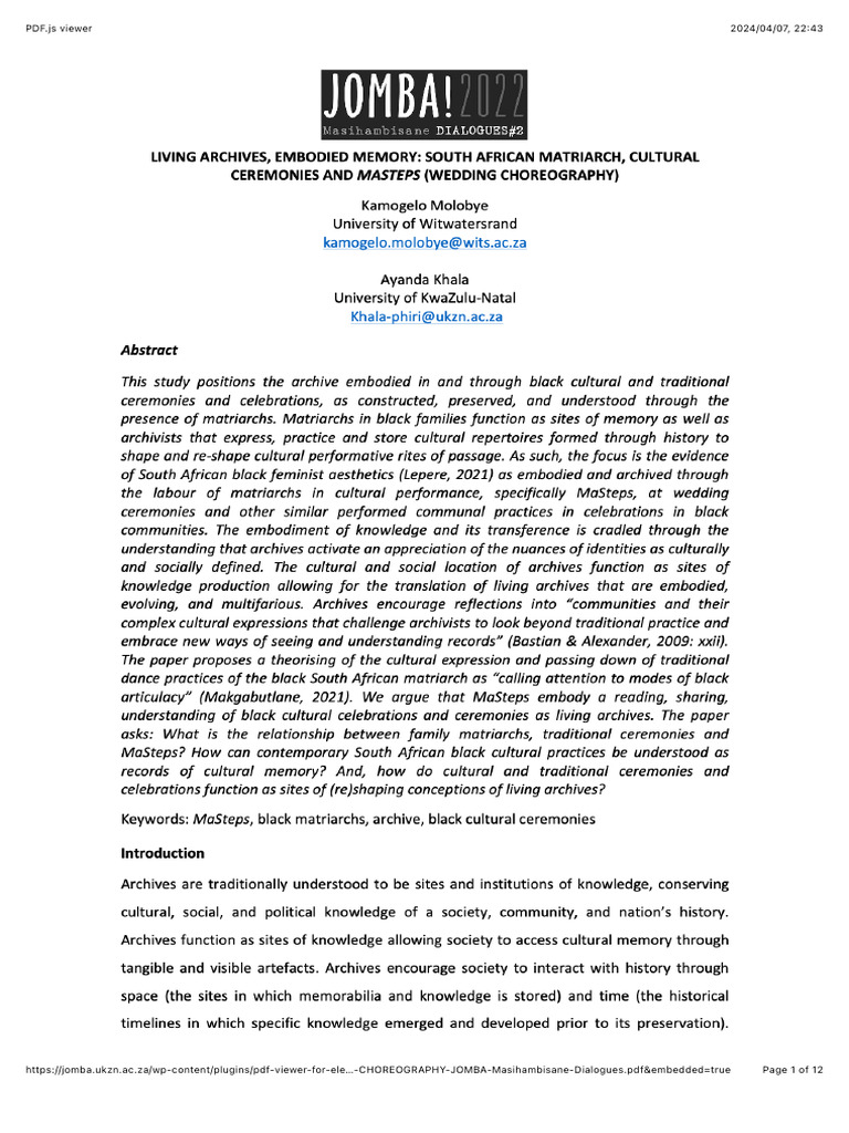 Living Archive, Embodied Memory. KamogeloMolobye | PDF | Computer File ...