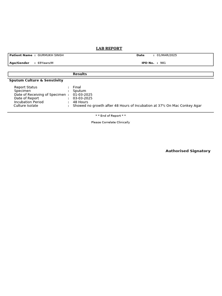 Sputum Culture Report for Gurmukh Singh | PDF
