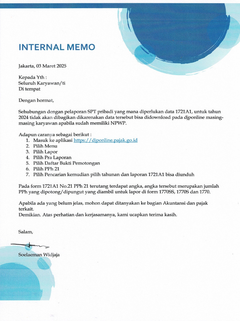 Internal Memo Laporan Pajak Tahun 2024 | PDF