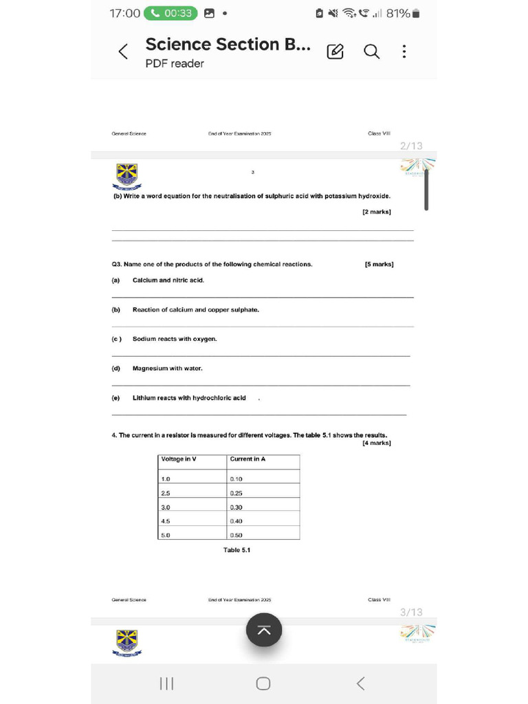 Past Paper Science 2025 End of Year | PDF