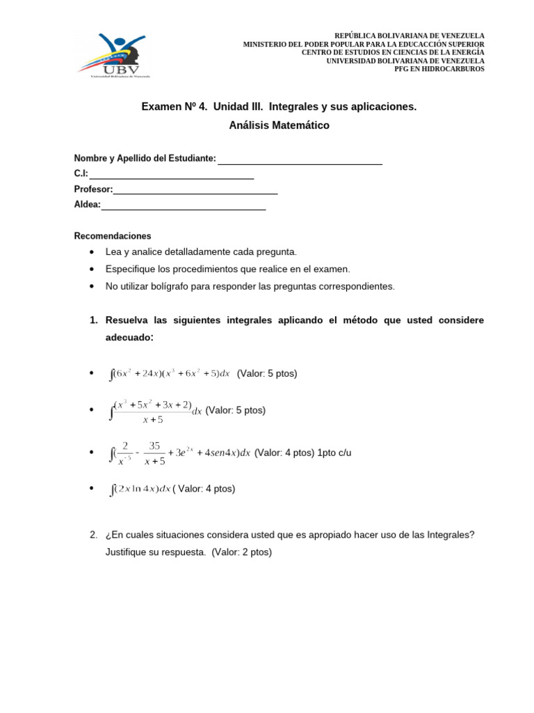 Modelo A. Integrales. Examen IV | PDF