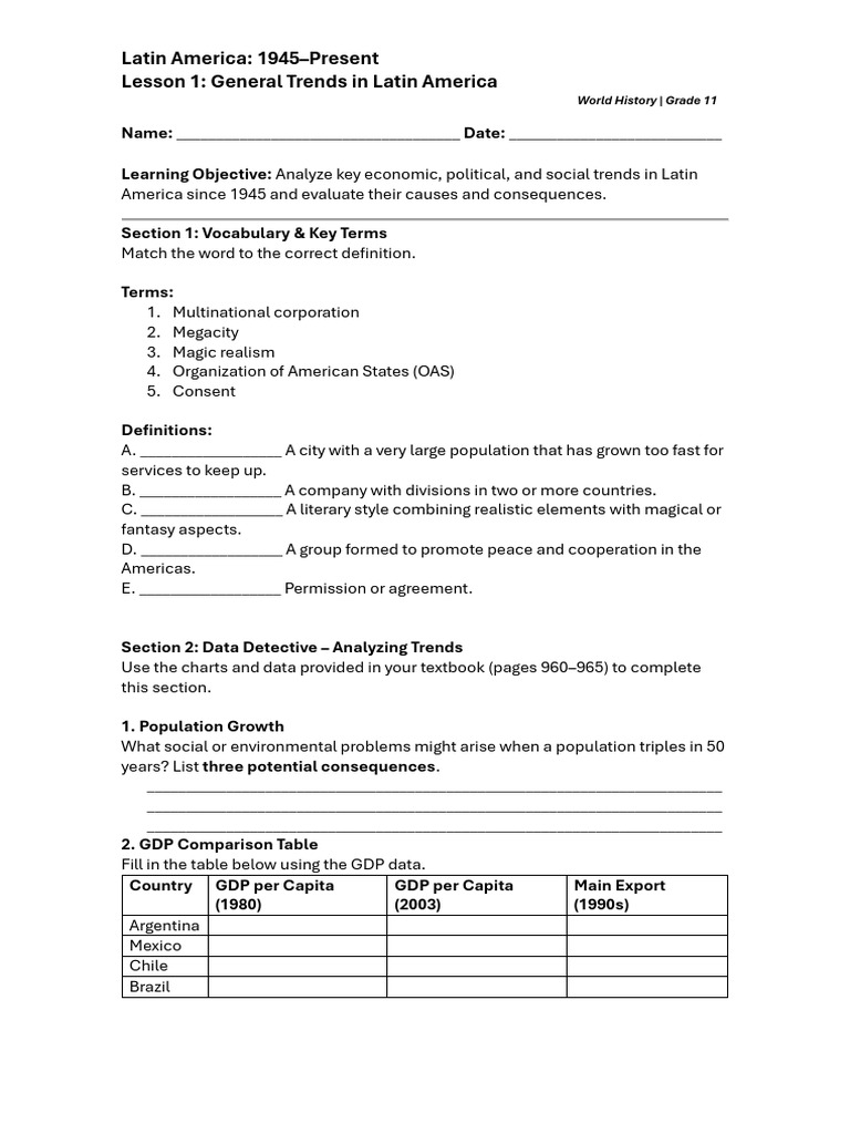 Latin America 1945 Present - Lesson 1 - Worksheet | PDF | Latin America ...
