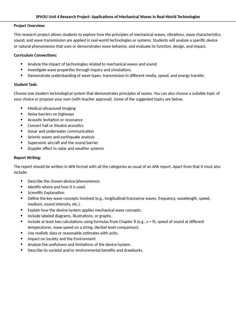 SPH3U Unit 4 Research Project 2024-25 | PDF | Waves | Sound