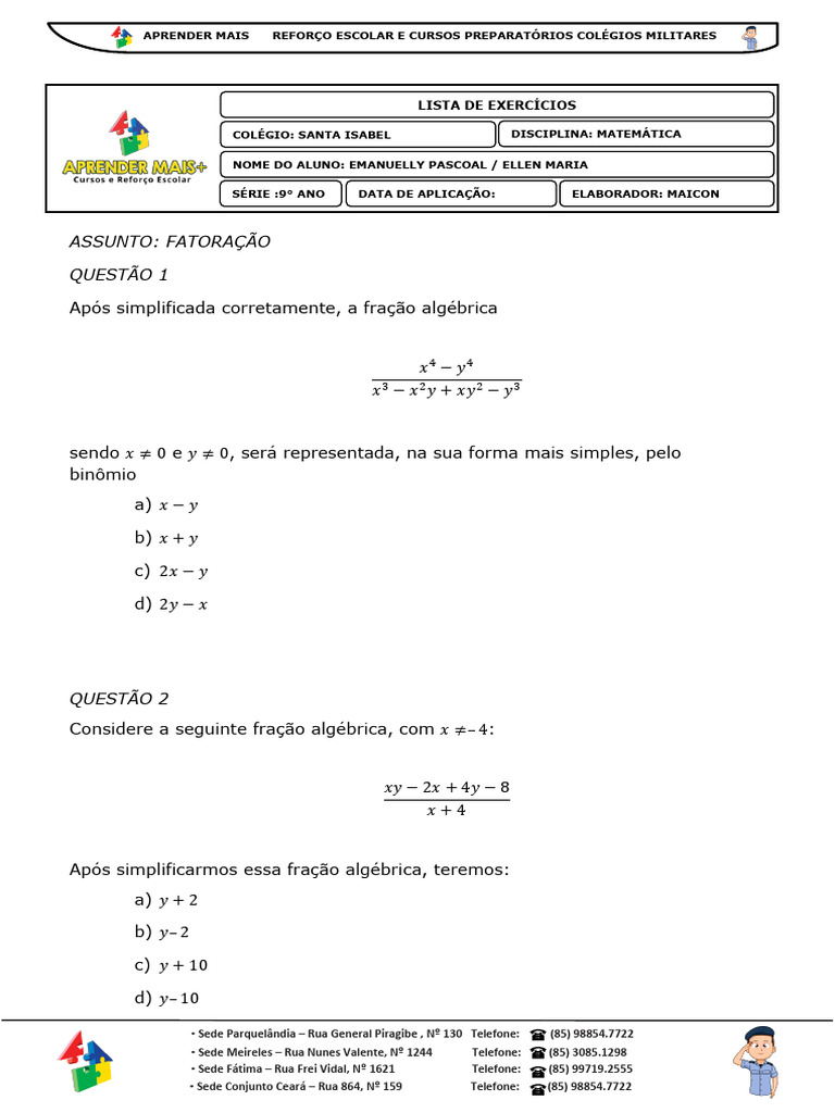 2° Bim - Prova 2 - Santa Isabel - 9° Ano - Matemática - Lista Extra | PDF | Matemática | Álgebra