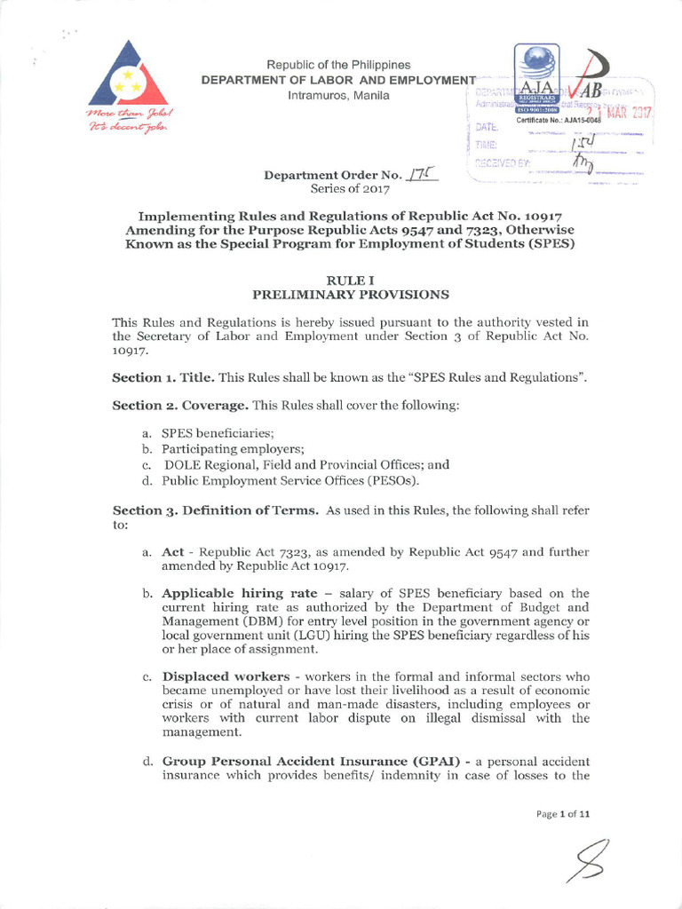 DOLE Department Order No. 175 Series of 2017 Min | PDF