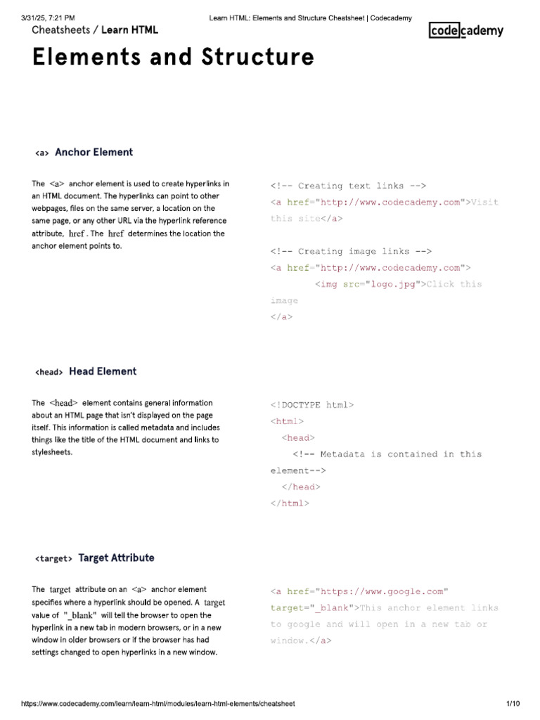 Learn HTML Elements - Cheat Sheet | PDF