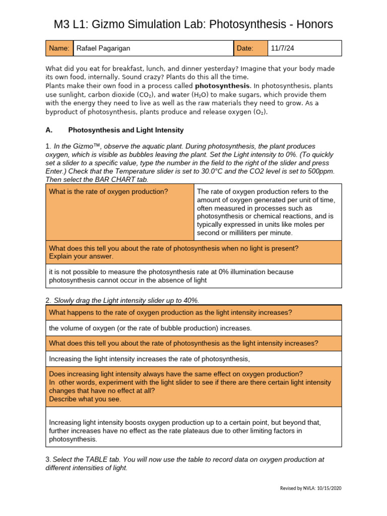 M3 L1 - Gizmo Simulation - Photosynthesis - HONORS | PDF | Carbon ...